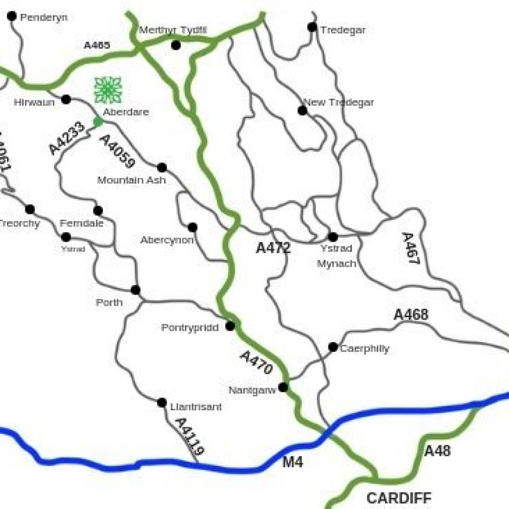 Map showing the main roads to the South of the Cynon Valley Museum